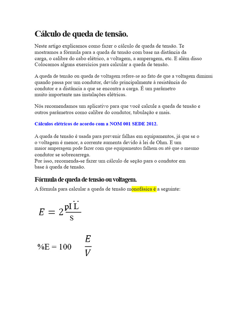 Cálculo de Queda de Tensão Elétrica | PDF | Condutor elétrico ...