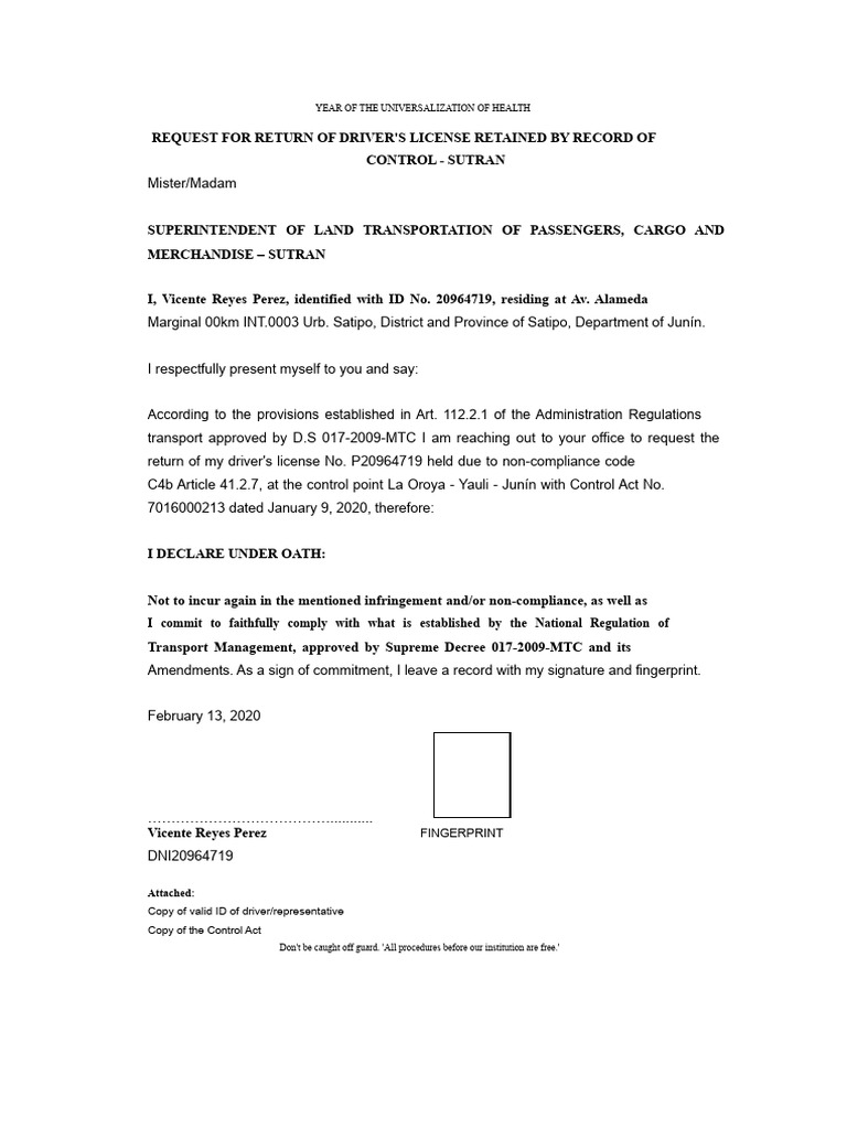 Request for Driver's License Return SUTRAN | PDF