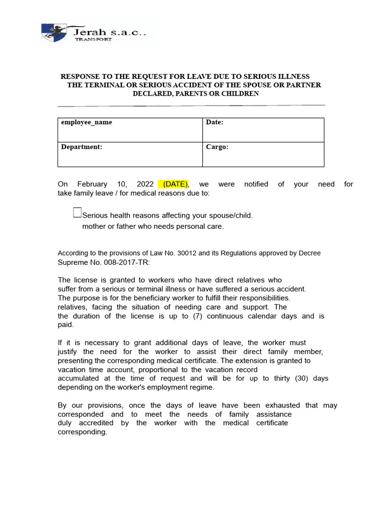 RESPONSE TO THE REQUEST FOR SICK LEAVE OR FOR A FAMILY MEMBER'S ILLNESS ...