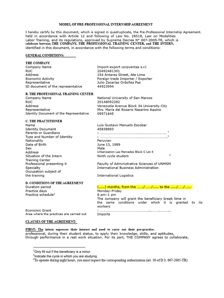 Model of Pre-Professional Internship Agreement | PDF