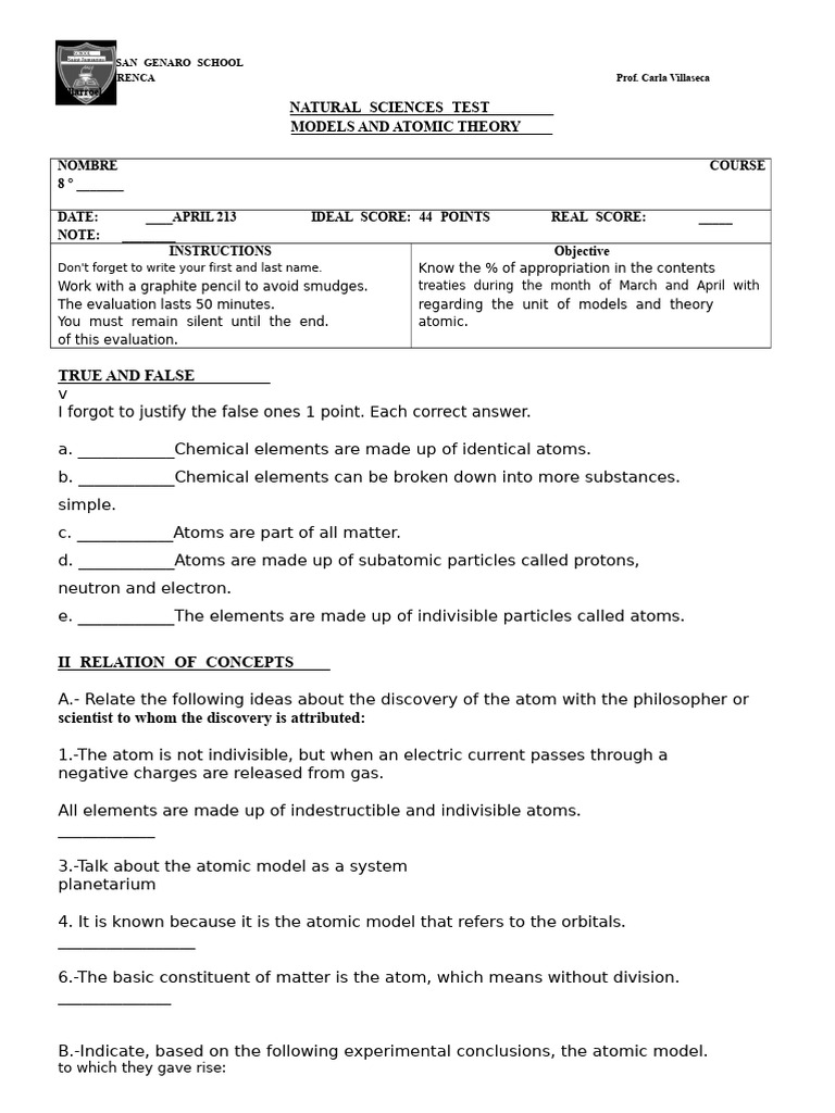 Eighth Grade Atomic Model Test | PDF | Atoms | Atomic Nucleus