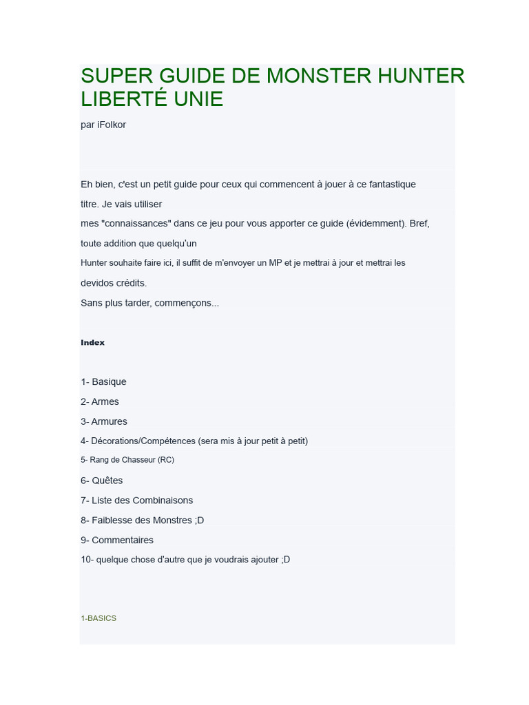 Guide débutant Monster Hunter Unite | PDF | Viande | Fusil