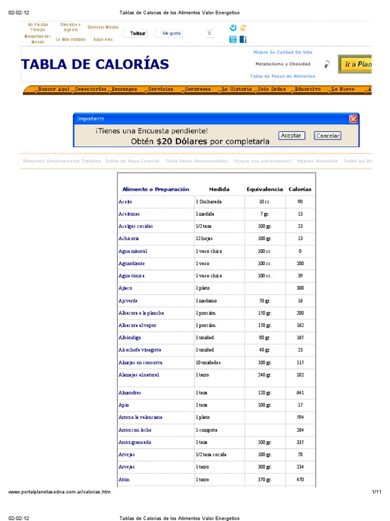 Tablas de Calorias de Los Alimentos Valor Energetico | PDF | Carne | Panes