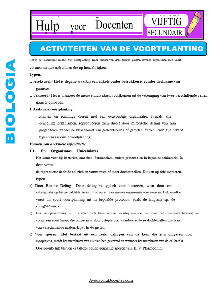 Activiteiten Van de Voortplanting I Voor de Vijfde Klas Van de ...