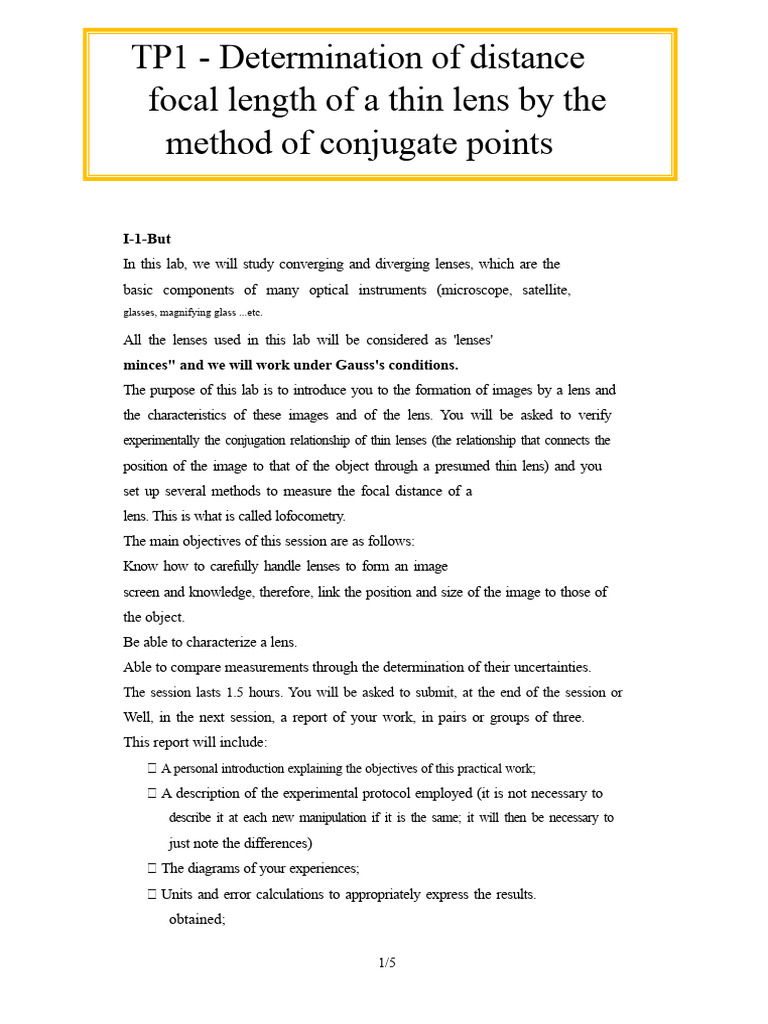 TP1 - Focometry - method of conjugate points | PDF | Light ...