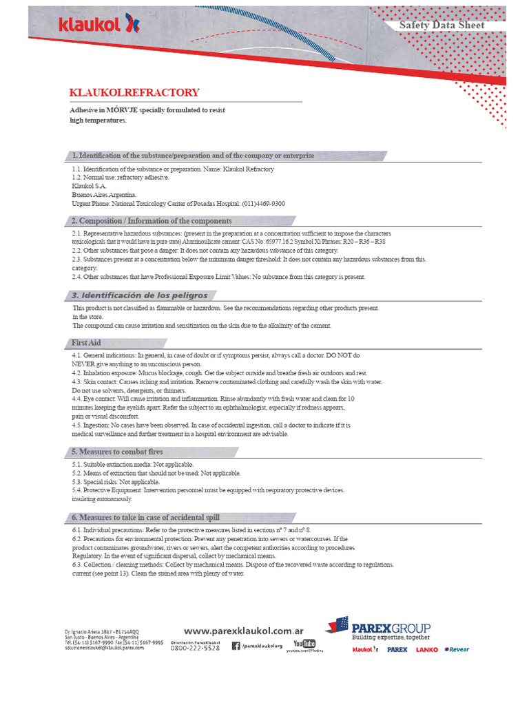 Klaukol Refractory Adhesive Safety Data | PDF | Water | Waste