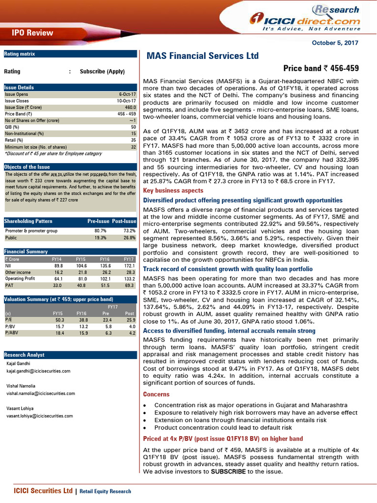MAS Financial Services IPO Review 2017 | PDF | Credit | Finance & Money ...