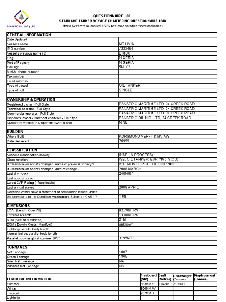 Standard Tanker Voyage Chartering Questionnaire 1988 (Q-88) | PDF | Oil ...