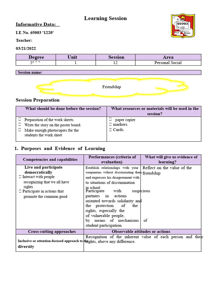 Friendship Learning Session Plan | PDF | Communication | Learning