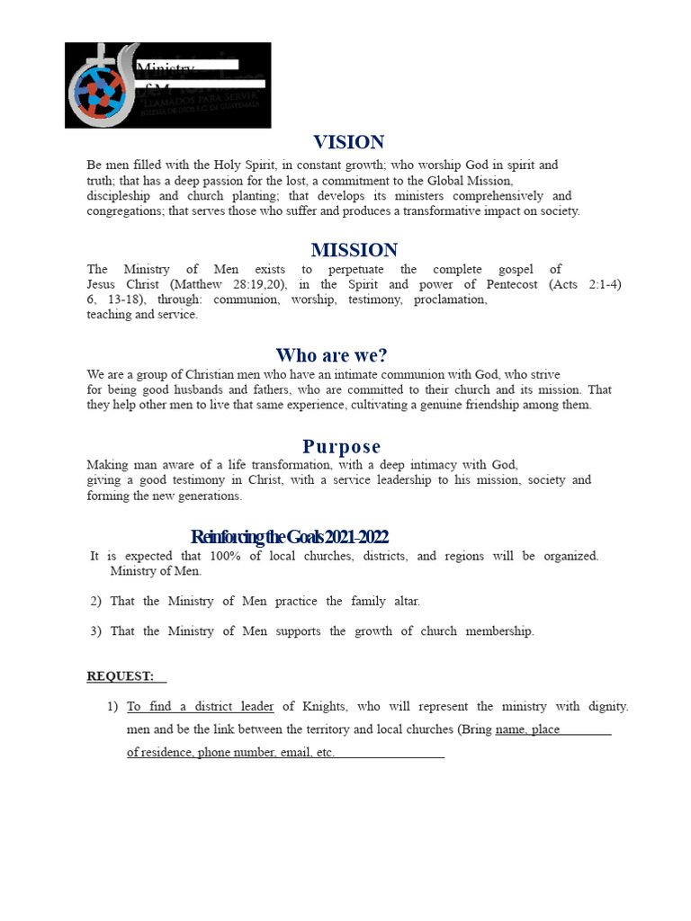 Vision, Mission and Goals Ministry of Men 2019 | PDF