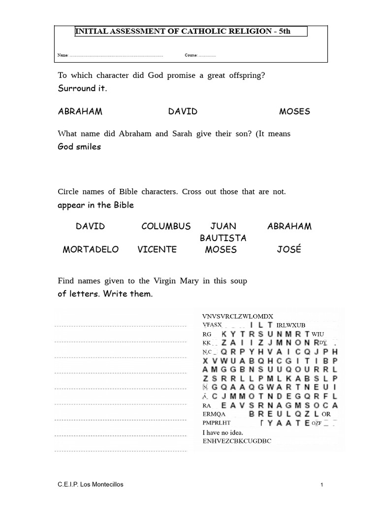 Initial Assessment of Catholic Religion For 5th Grade Primary Education ...