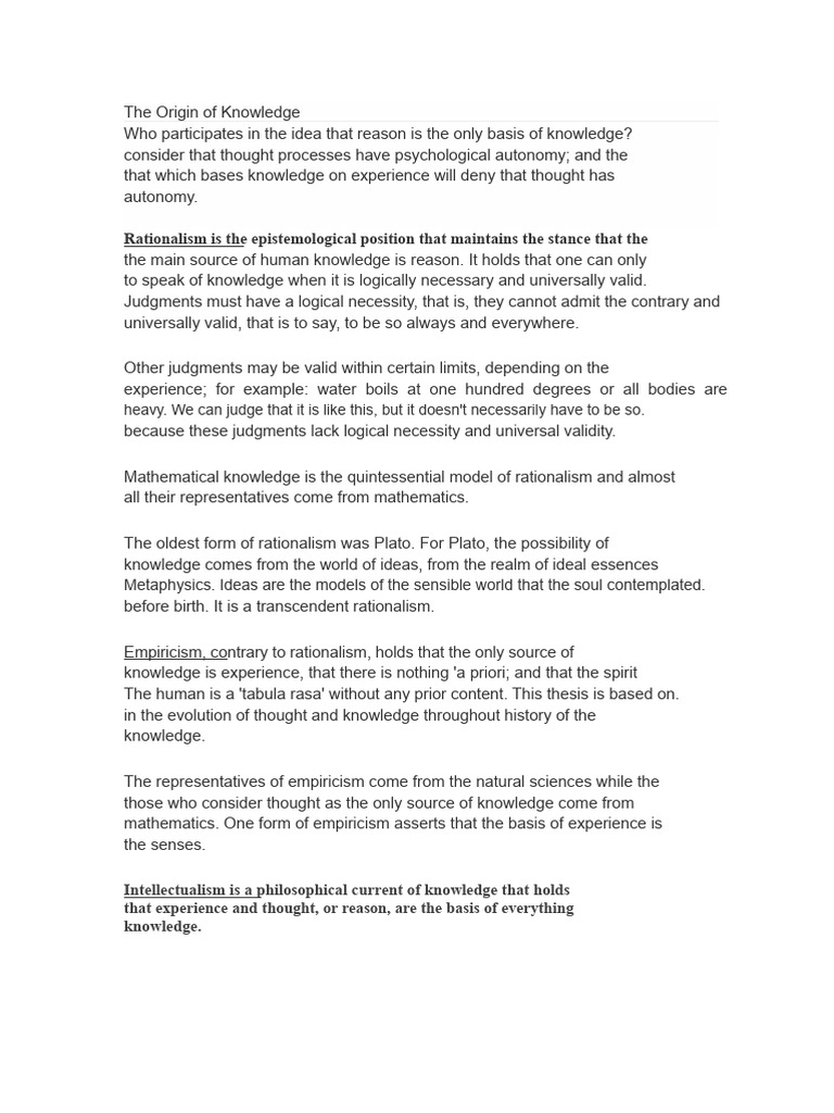The Origin of Knowledge | PDF | Rationalism | A Priori And A Posteriori