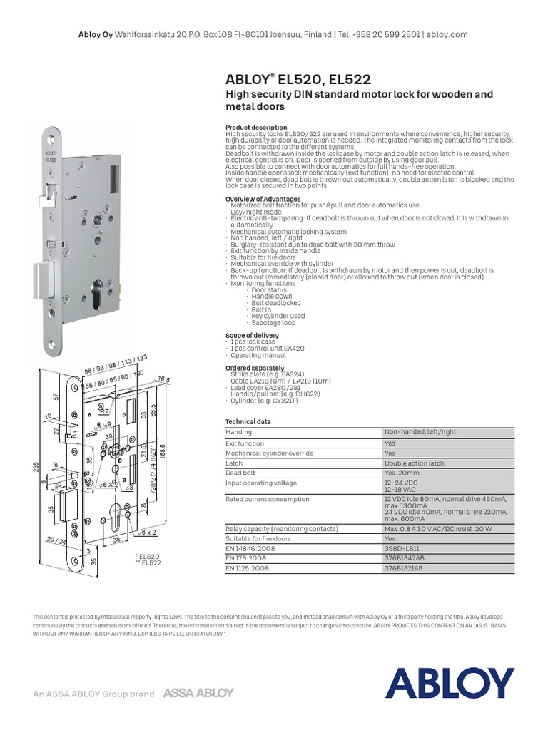 Abloy El520 Data Sheet 1 | PDF | Electricity | Electrical Engineering