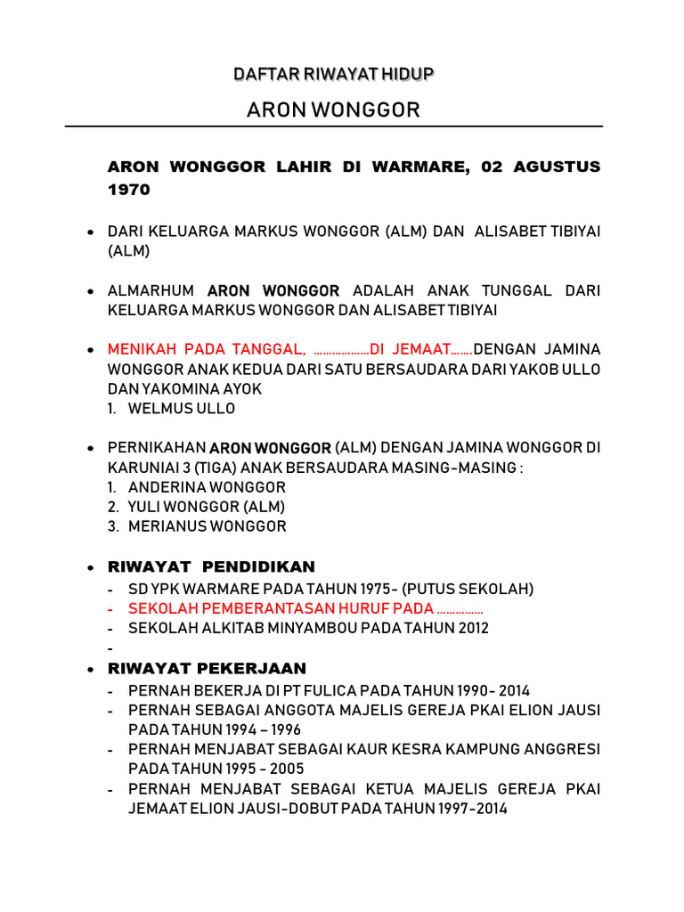 Daftar Riwayat Hidup Alm. Aron Wonggor | PDF