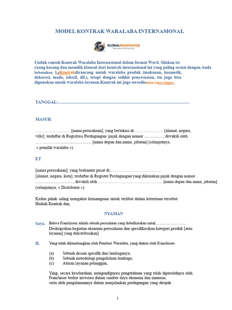 Contoh Kontrak Waralaba Internasional Model | PDF