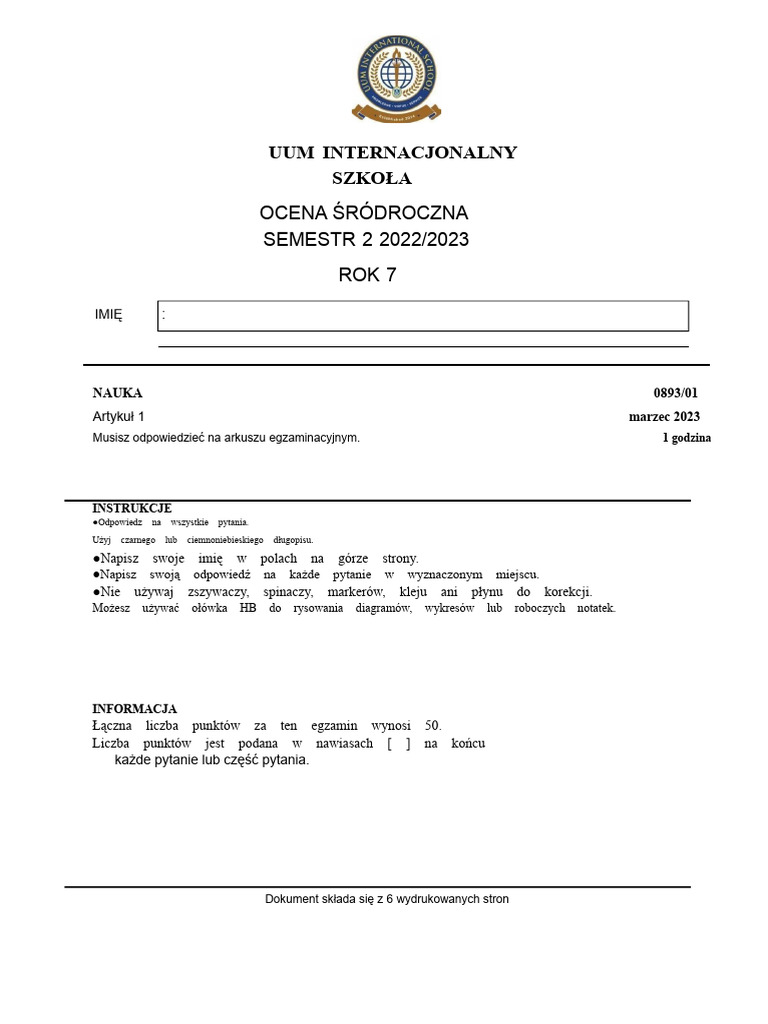 Arkusz Egzaminacyjny Y7 | PDF