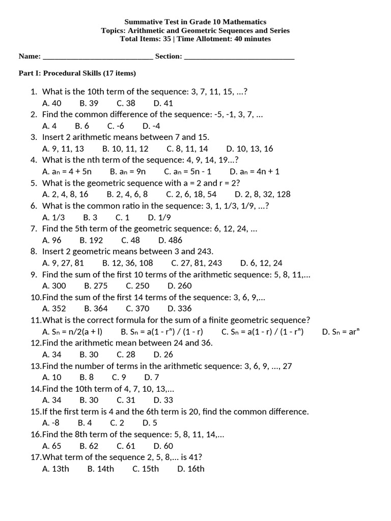 Grade 10 Math Test: Sequences & Series | PDF | Mathematical Analysis ...