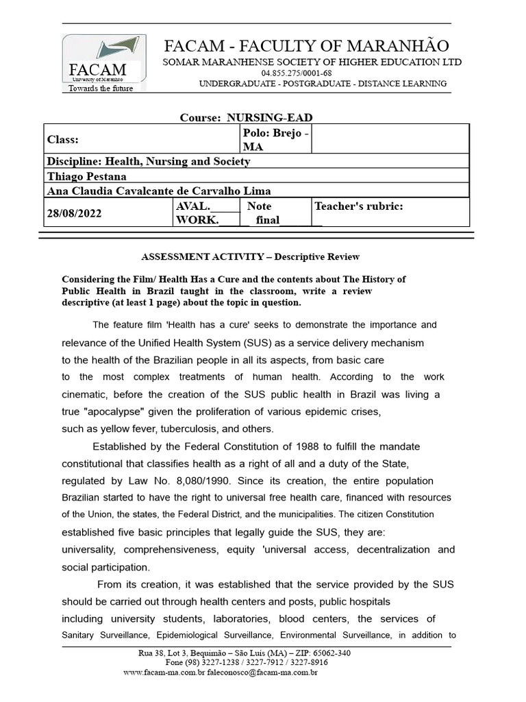 Descriptive Review of The Movie "Health Has A Cure" | PDF