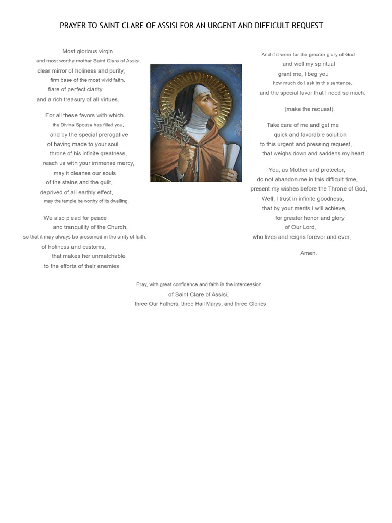 Prayer To Saint Clare of Assisi For An Urgent and Difficult Request ...