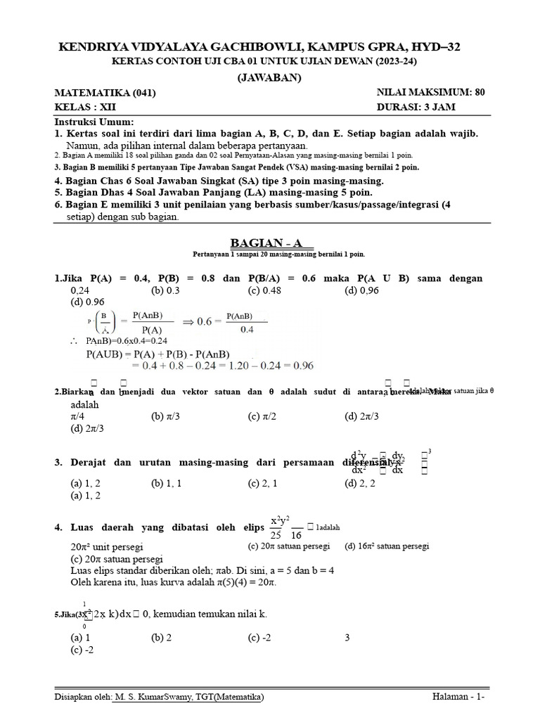 Ujian Contoh Kelas XII Matematika 01 Untuk Ujian Dewan 2024 Jawaban | PDF