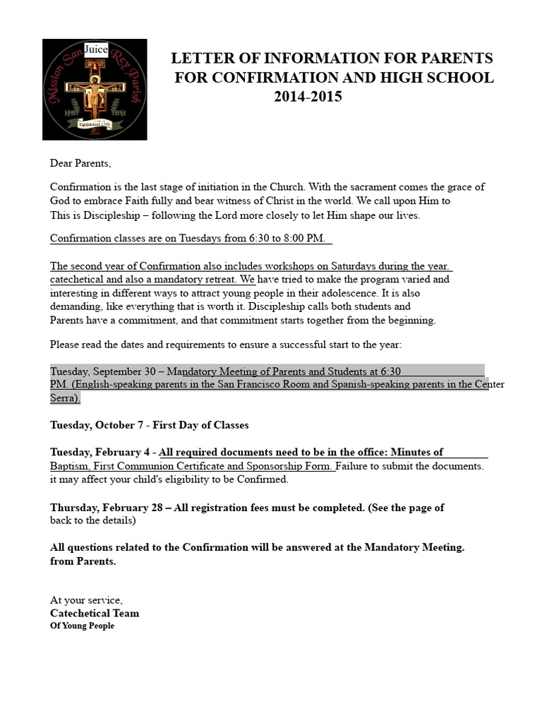 Letter of Information For Parents For Confirmation and High School 2014-2015 | PDF ...