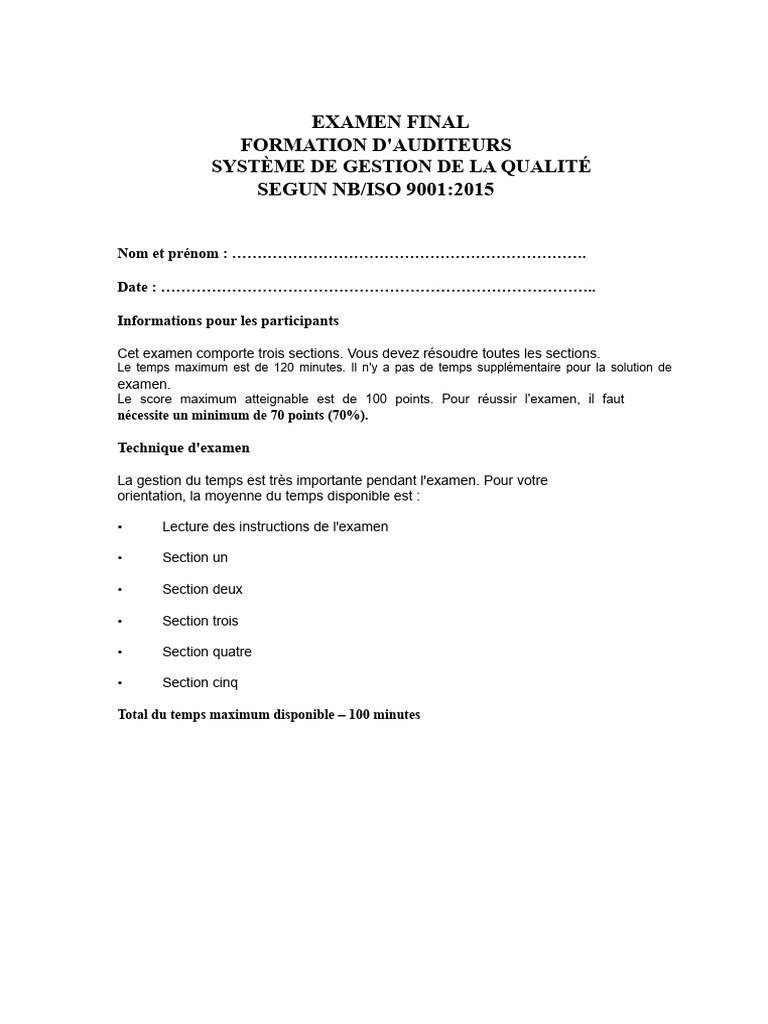 Examen Final Auditeurs ISO 9001:2015 | PDF | Audit | Système de management de la qualité