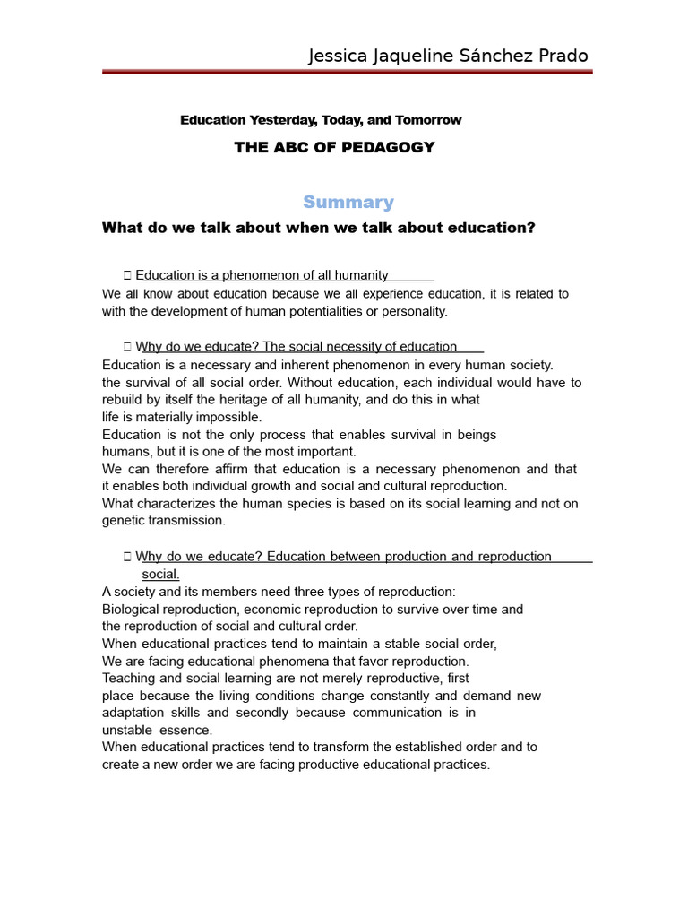 Education Yesterday, Today and Tomorrow Summary | PDF | Knowledge ...