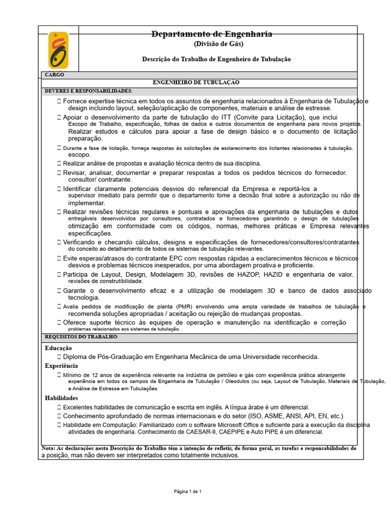 Vaga: Engenheiro de Tubulação em Gás | PDF | Engenharia | Engenheiro