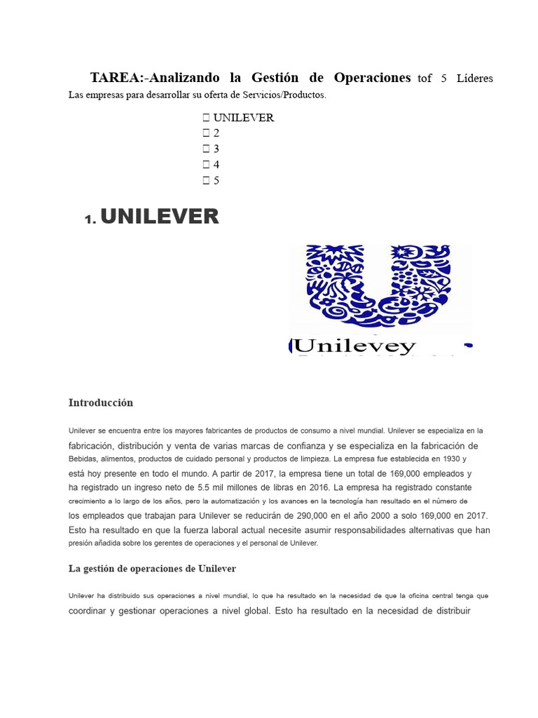 Gestión de Operaciones en Unilever | PDF | Calidad (comercial ...