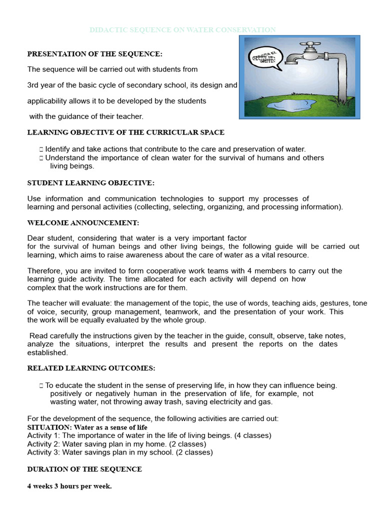 DIDACTIC SEQUENCE ON WATER CONSERVATION | PDF | Water | Teachers