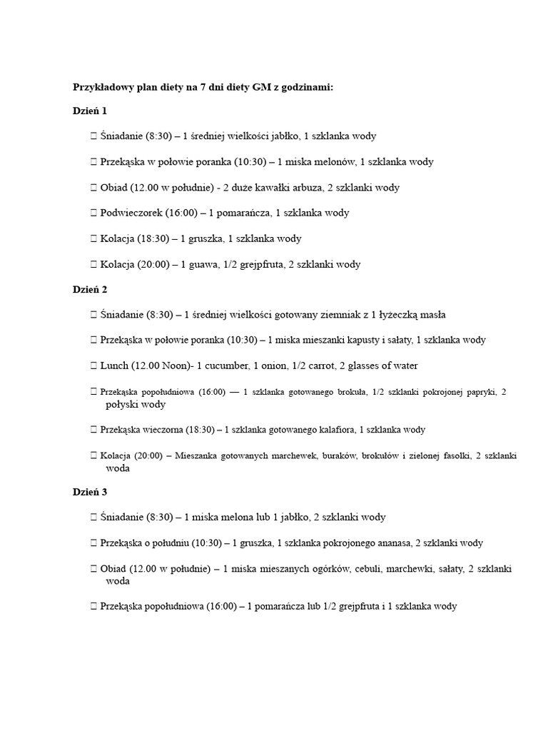 Przykładowy Plan Diety Na 7 Dni Diety GM Z Godzinami | PDF
