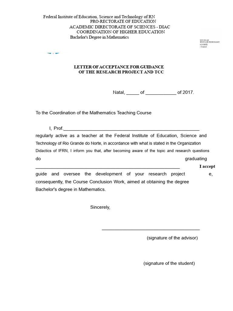 Acceptance Letter for Math Research Guidance | PDF