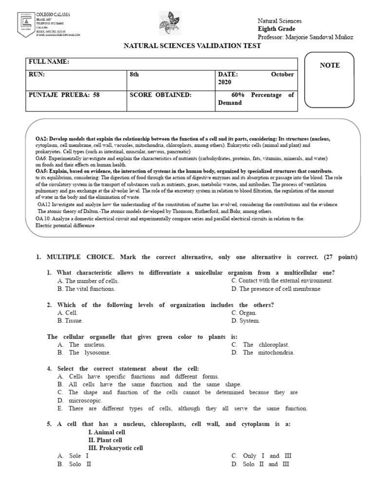 TEST Validation NATURAL SCIENCES 8th Grade | PDF | Cell (Biology) | Atoms