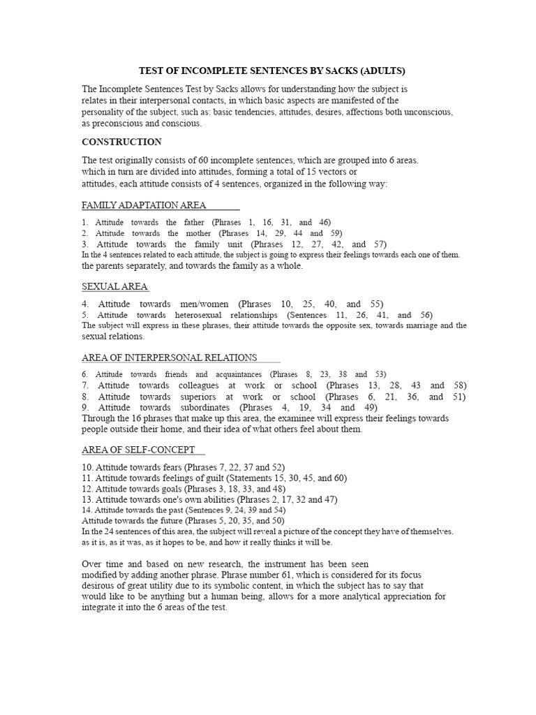 SACKS INCOMPLETE SENTENCE TEST (Interpretation) | PDF | Attitude ...