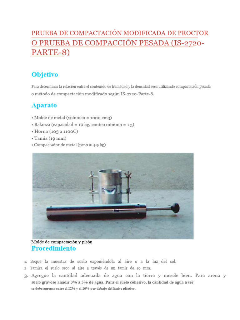 Prueba de Compactación Proctor Modificada o Prueba de Compactación ...
