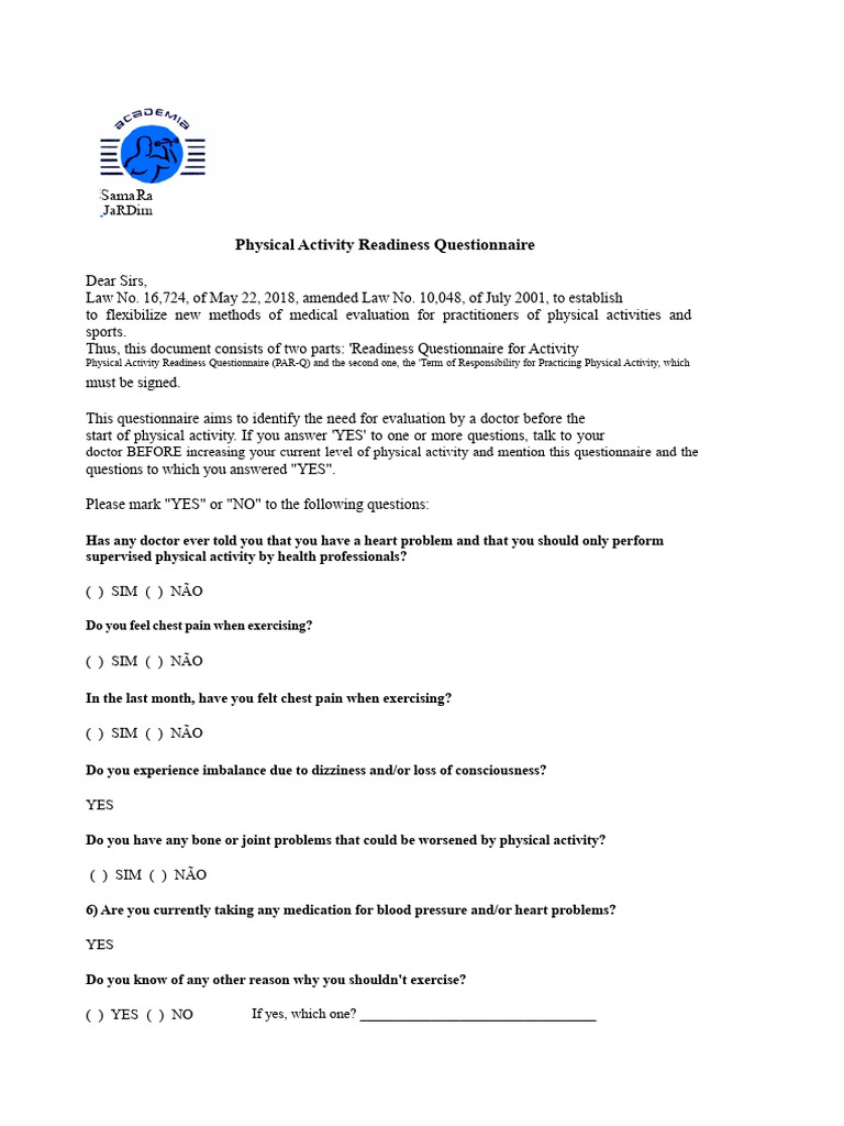 Physical Activity Readiness Questionnaire PDF-1 | PDF | Questionnaire | Pain