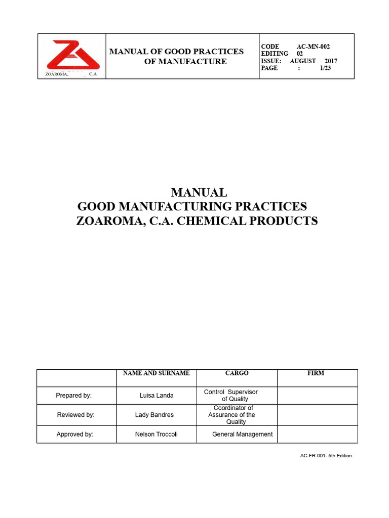 AC-MN-002 Good Manufacturing Practices Manual GMP (2016) | PDF ...