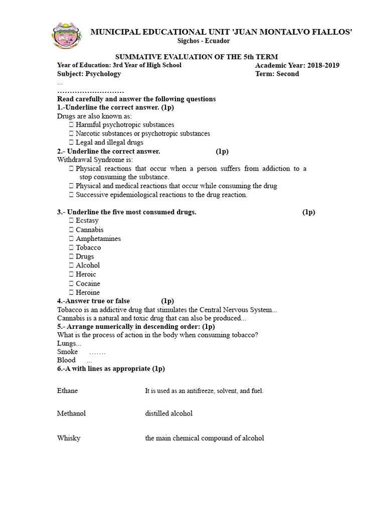 Summative Evaluation of The 5TH Term Psychology | PDF | Drugs ...