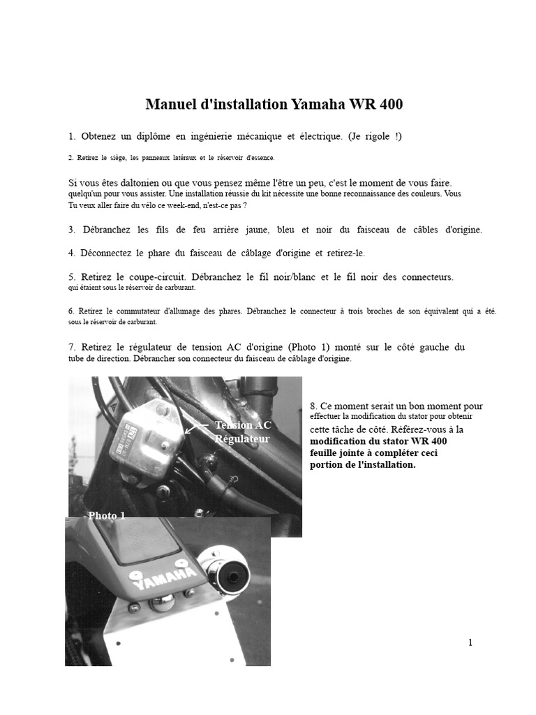 Installation du kit Yamaha WR 400 | PDF | Écrou | Interrupteur