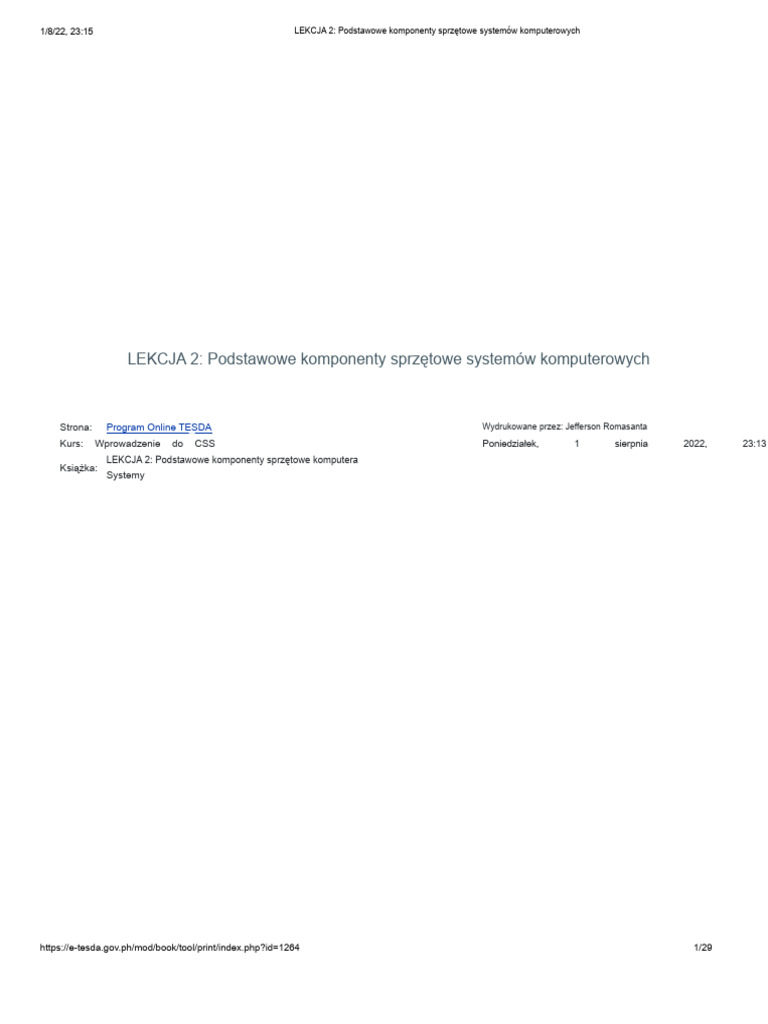 LEKCJA 2 - Podstawowe Komponenty Sprzętowe Systemów Komputerowych | PDF