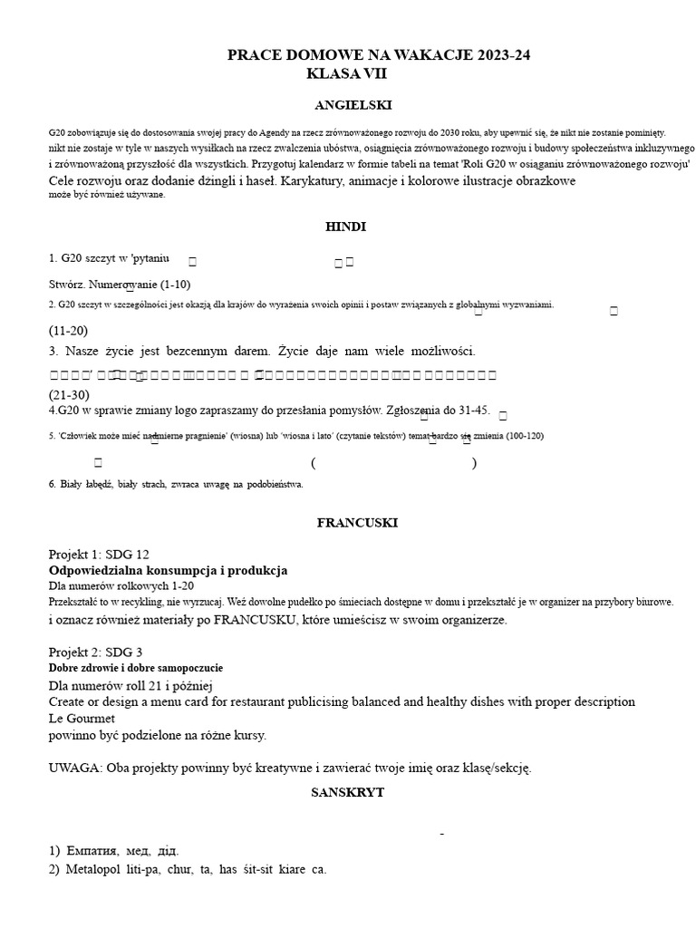 Praca Domowa Na Wakacje Dla Klasy VII 2023-24 | PDF