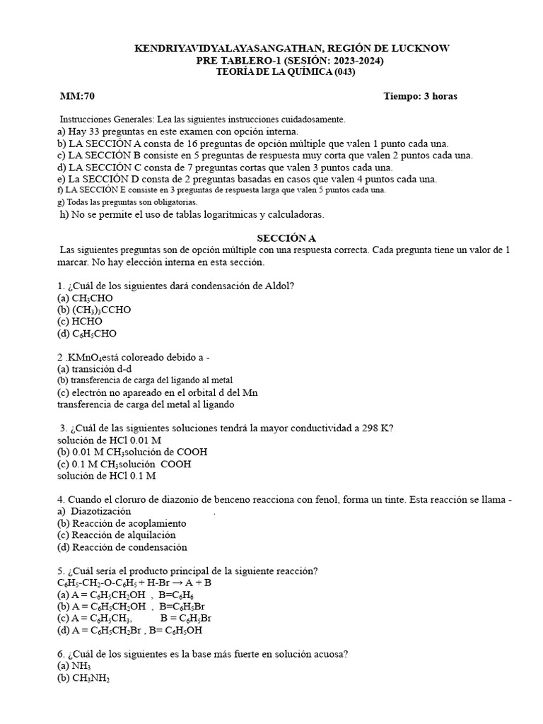 KVS Lucknow XII CHE QP y MS Pre-Board (23-24) | PDF | Ósmosis | Proteínas