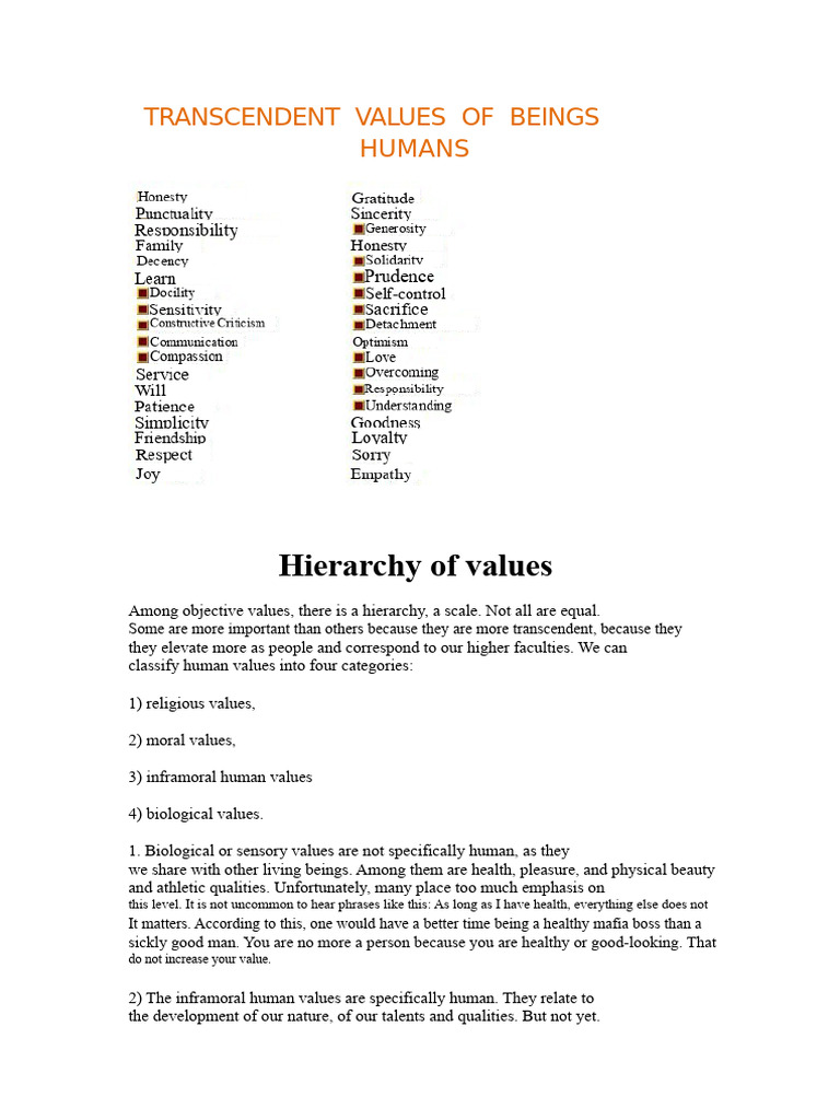 Transcendent Values of Human Beings | PDF | Value (Ethics) | Attitude ...