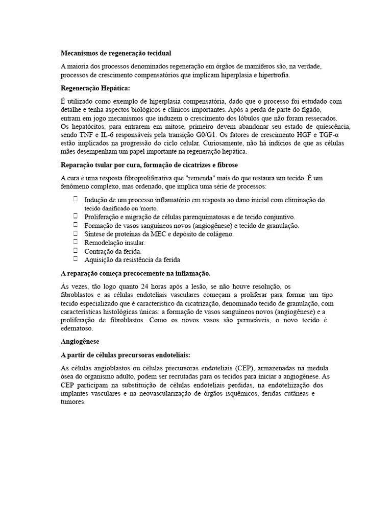 Mecanismos de Regeneração Tecidual | PDF | Endotélio | Cura