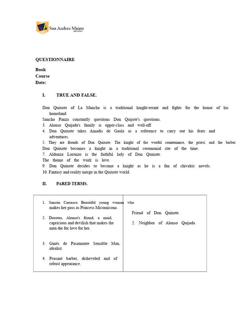 Don Quixote Study Questionnaire | PDF | Don Quixote | Chivalry
