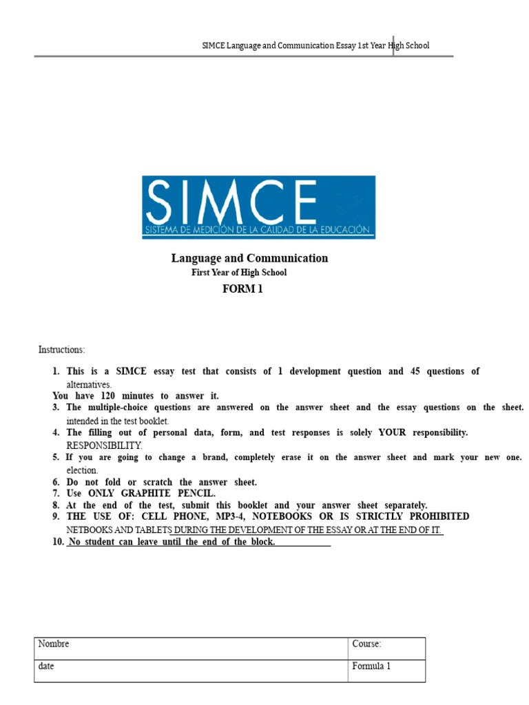 SIMCE Language and Communication Test No. 1 - 1st Year of High School ...