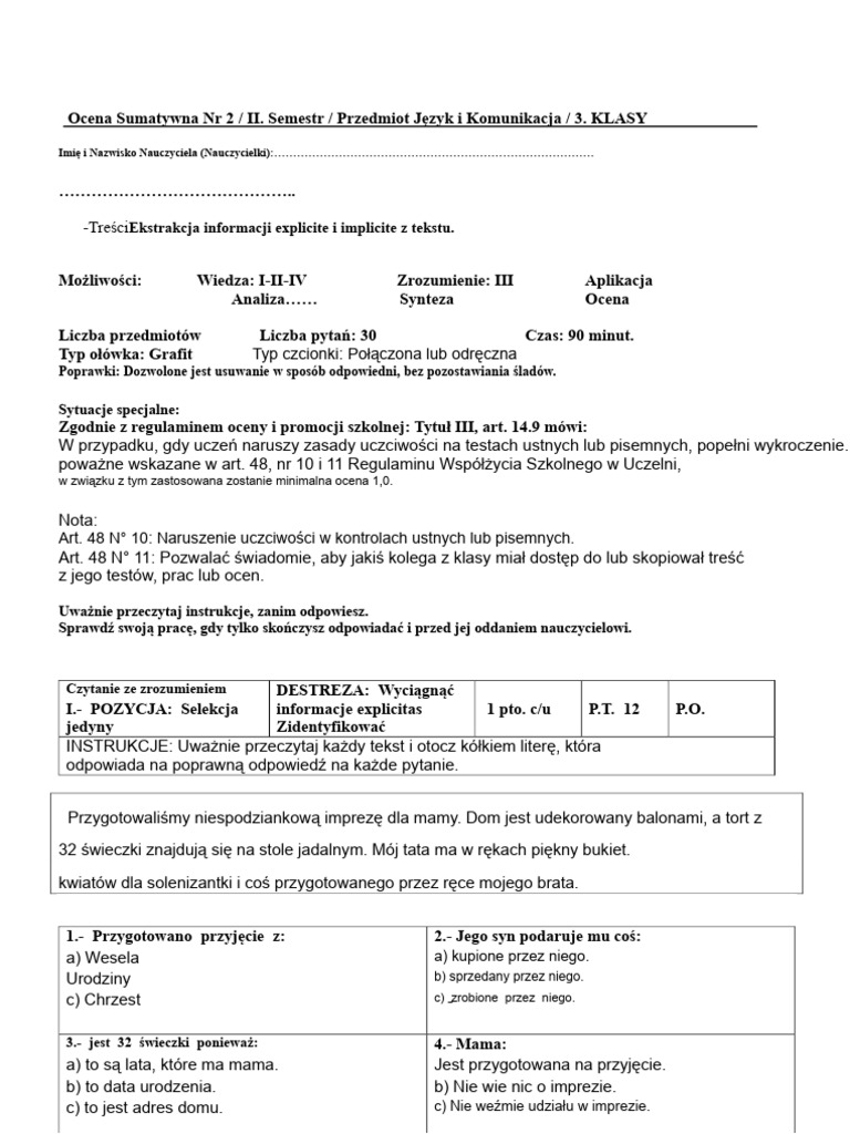 Test Zrozumienia Tekstu Dla Klasy Trzeciej Podstawowej-1 | PDF