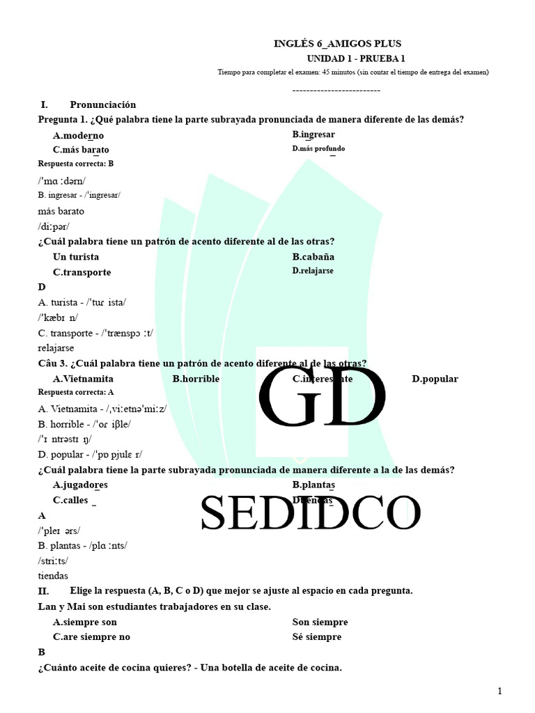 Inglés 6 Amigos Plus - Unidad 1 - Prueba 1 (Clave) | PDF