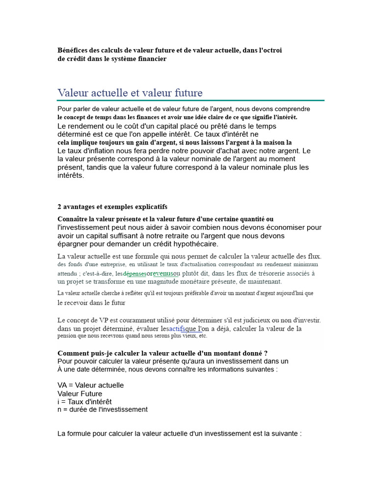 Avantages Des Calculs de Valeur Future Et de Valeur Actuelle | PDF ...