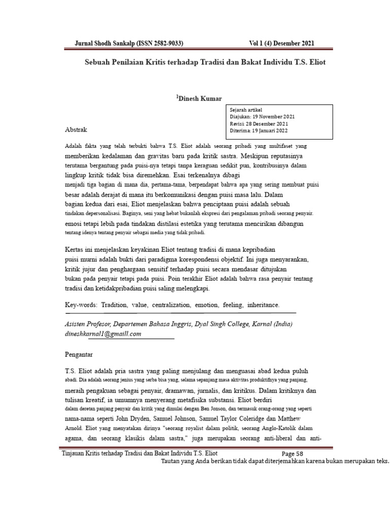 Kritis Tradisi dan Bakat T.S. Eliot | PDF